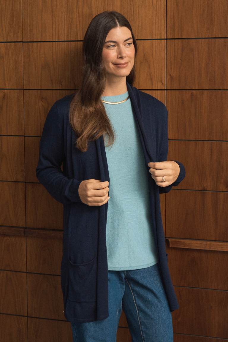Silk Cashmere Longline Cardigan in Navy | Timeless Luxury – Cara Cashmere
