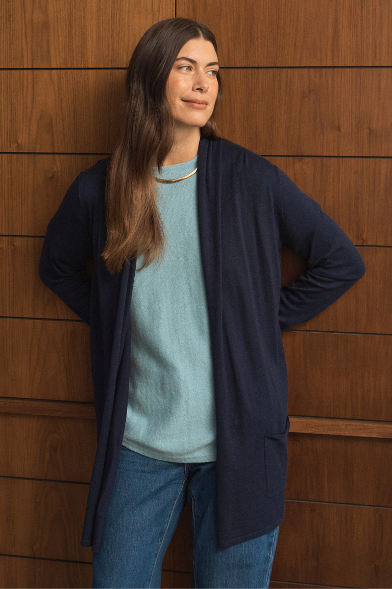 Silk Cashmere Longline Cardigan in Navy | Timeless Luxury – Cara Cashmere