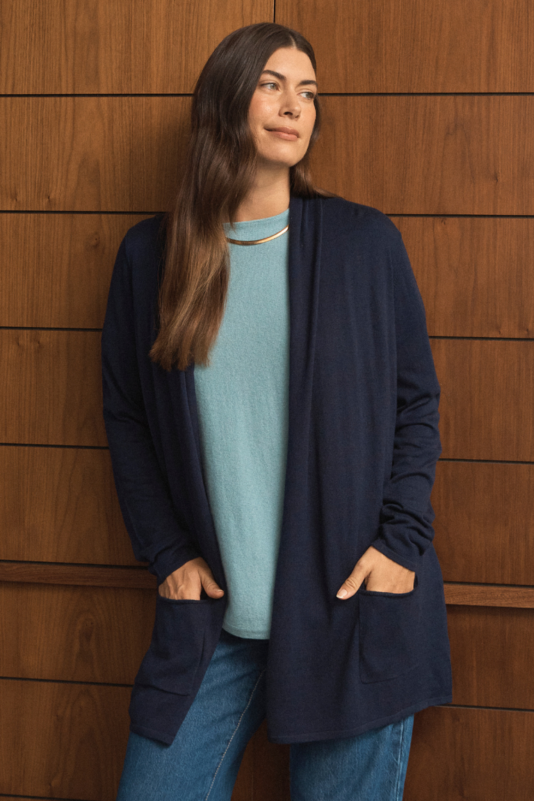 Silk Cashmere Longline Cardigan in Navy | Timeless Luxury – Cara Cashmere
